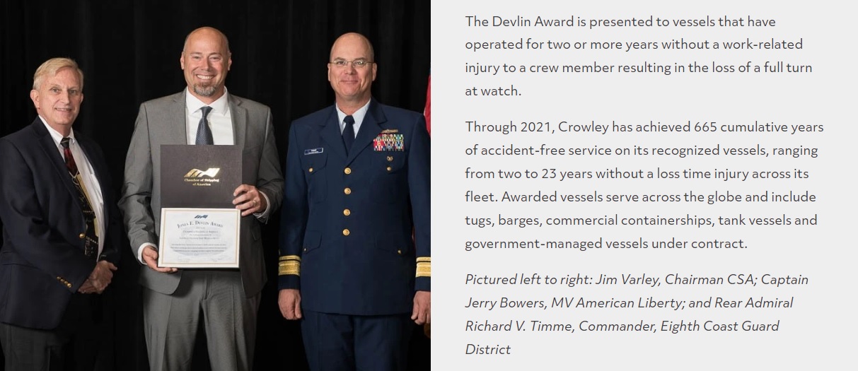 Crowley Honored for Safe Operations by Chamber of Shipping of America ...