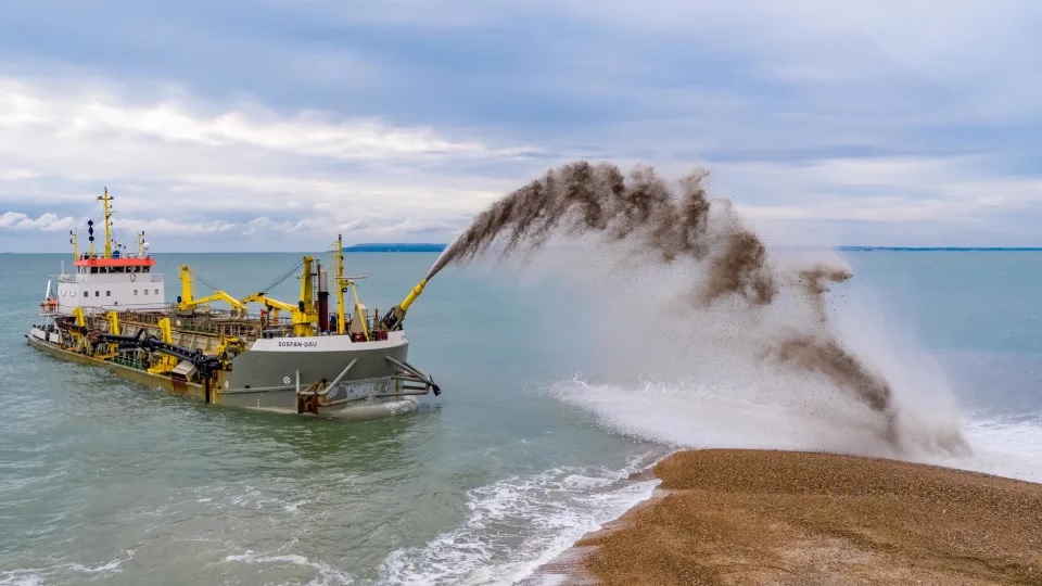 Southsea Sea Defences: Visitors can see dredging vessel spray shingle ...
